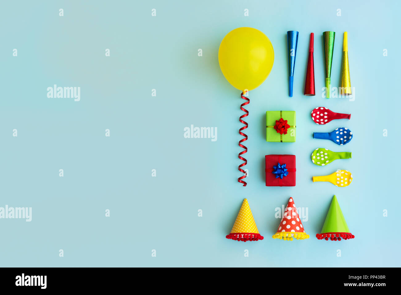 Colorful collection of birthday party objects from above Stock Photo ...