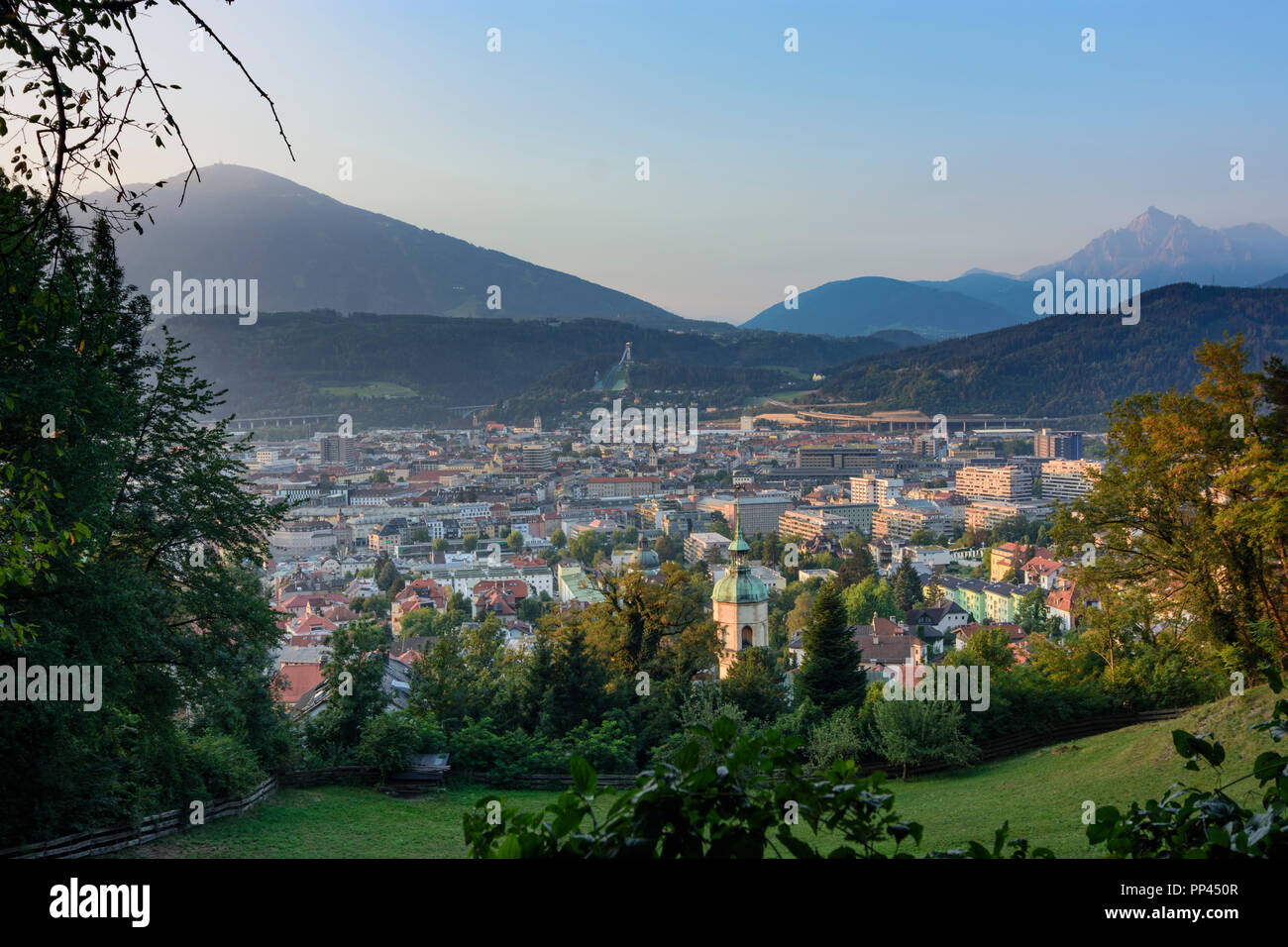 Innsbruck: view from Burgstadl to city center, church Alte Höttinger ...