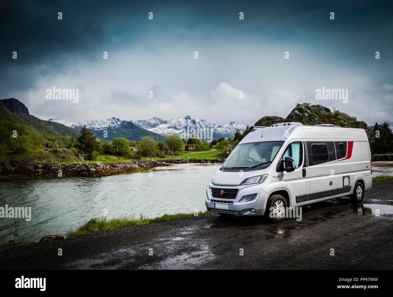 Burstner City Car parked up on a pitch in the Lofoten Islands, Norway ...
