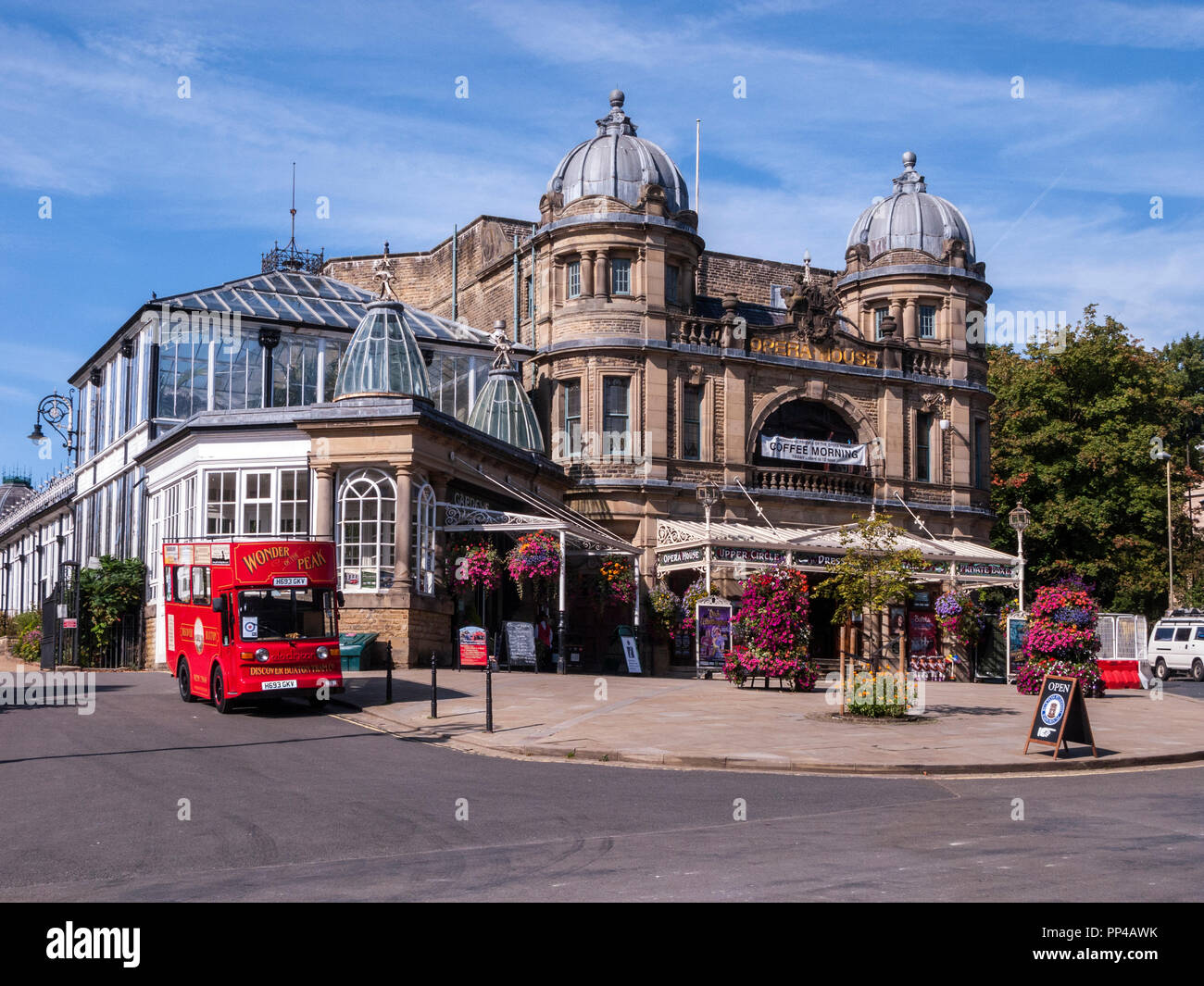 Buxton Opera House with Discover Buxton tourist bus, Buxton, Derbyshire ...