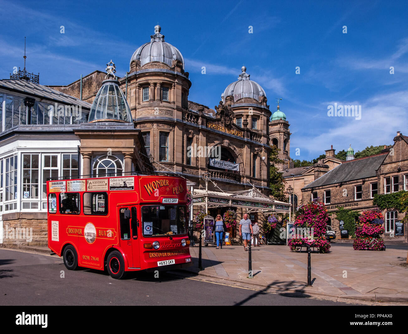 Buxton Opera House with Discover Buxton tourist bus, Buxton, Derbyshire ...