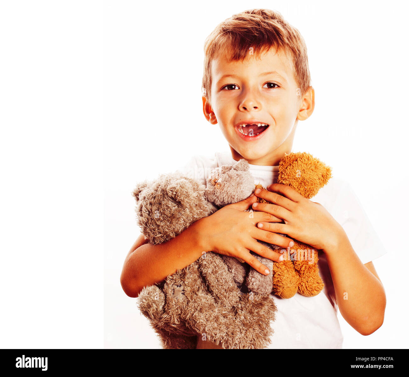 little cute boy with many teddy bears hugging isolated close up Stock ...