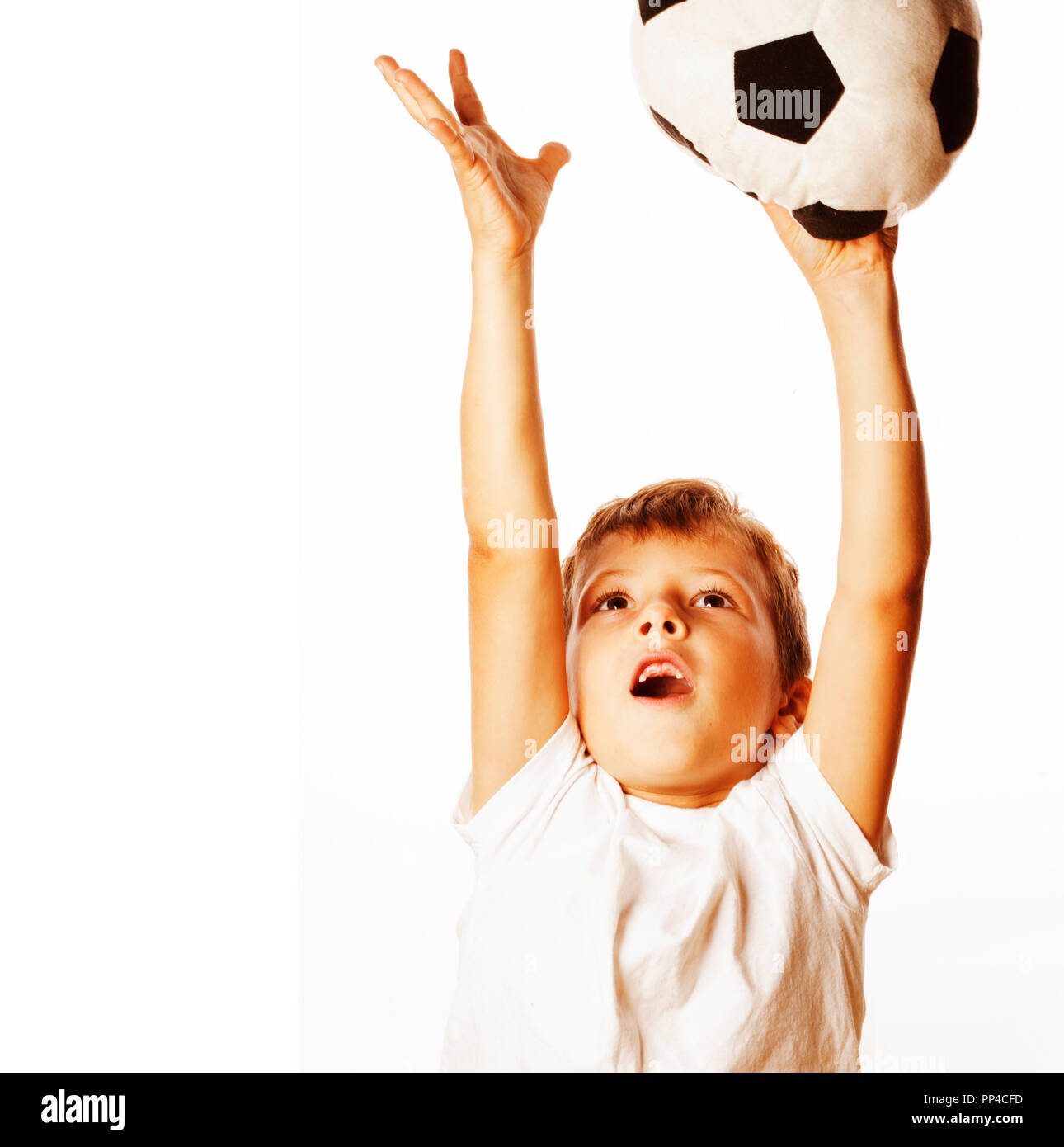 little cute boy playing football ball isolated on white close up Stock ...