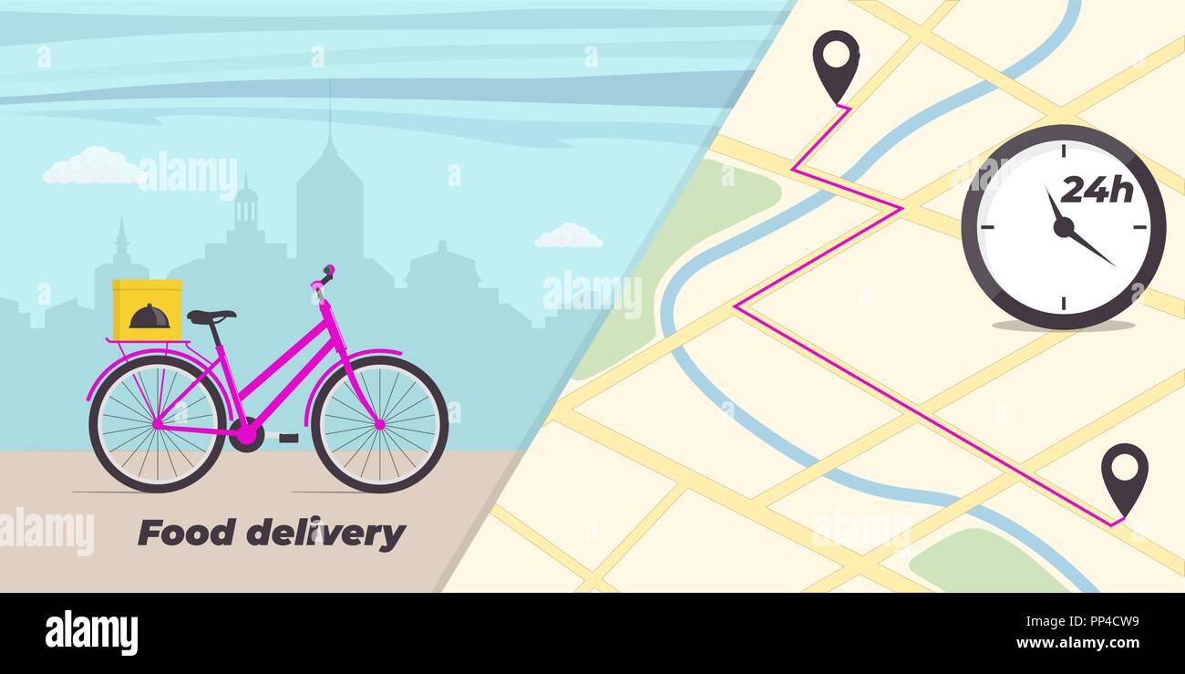 Food delivery service concept illustration. Bicycle with food box on ...