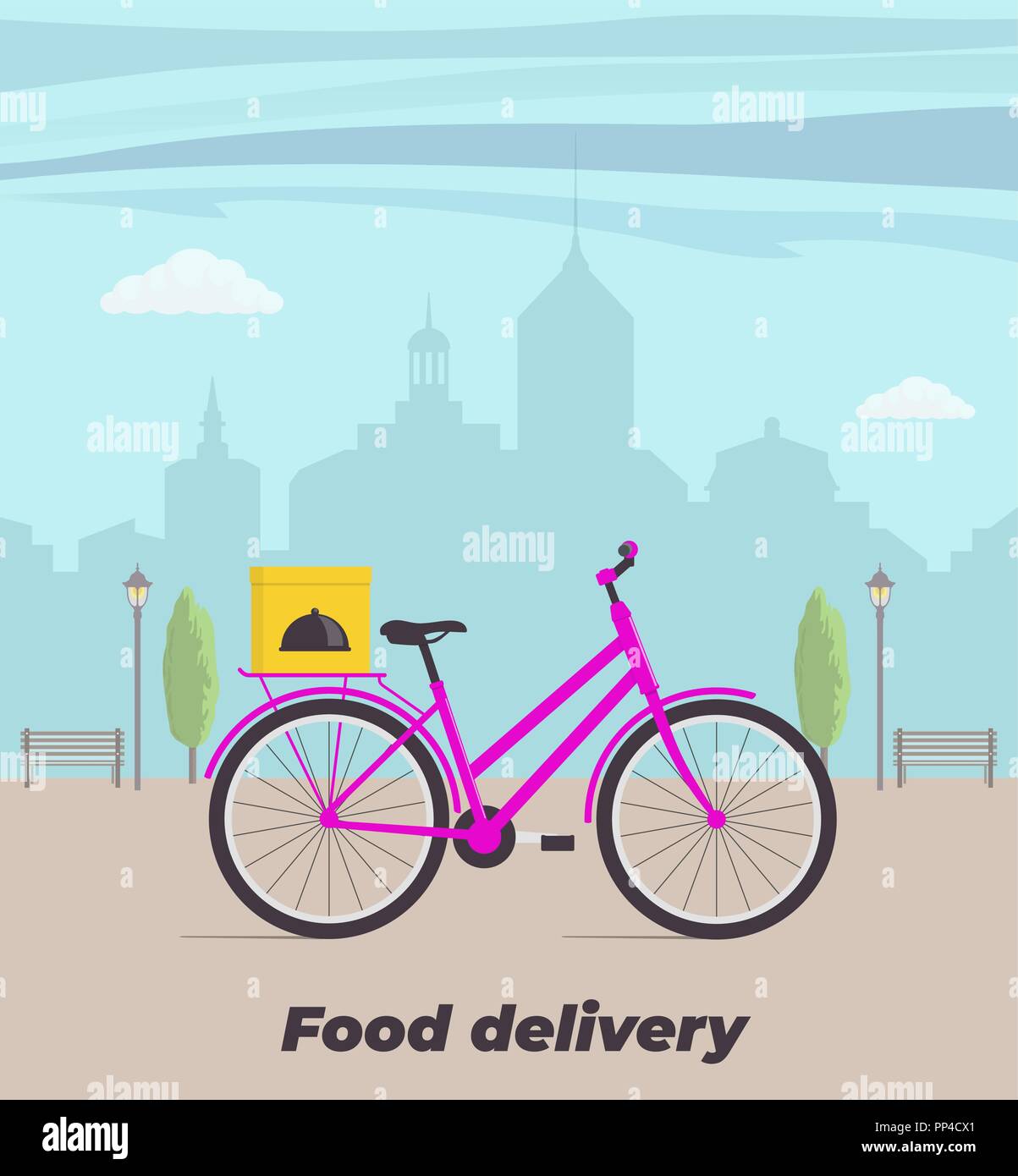 Food delivery service concept illustration. Bicycle with food box on ...