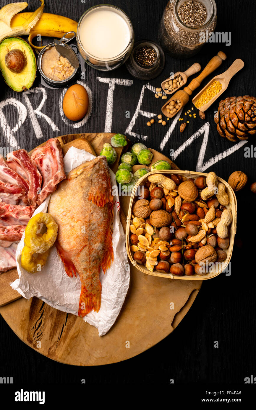 Assortment of healthy protein source and body building food. Meat pork ...