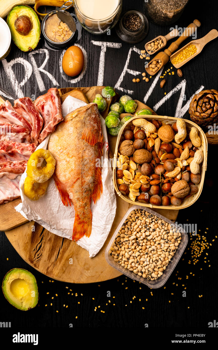 Assortment of healthy protein source and body building food. Meat pork ...