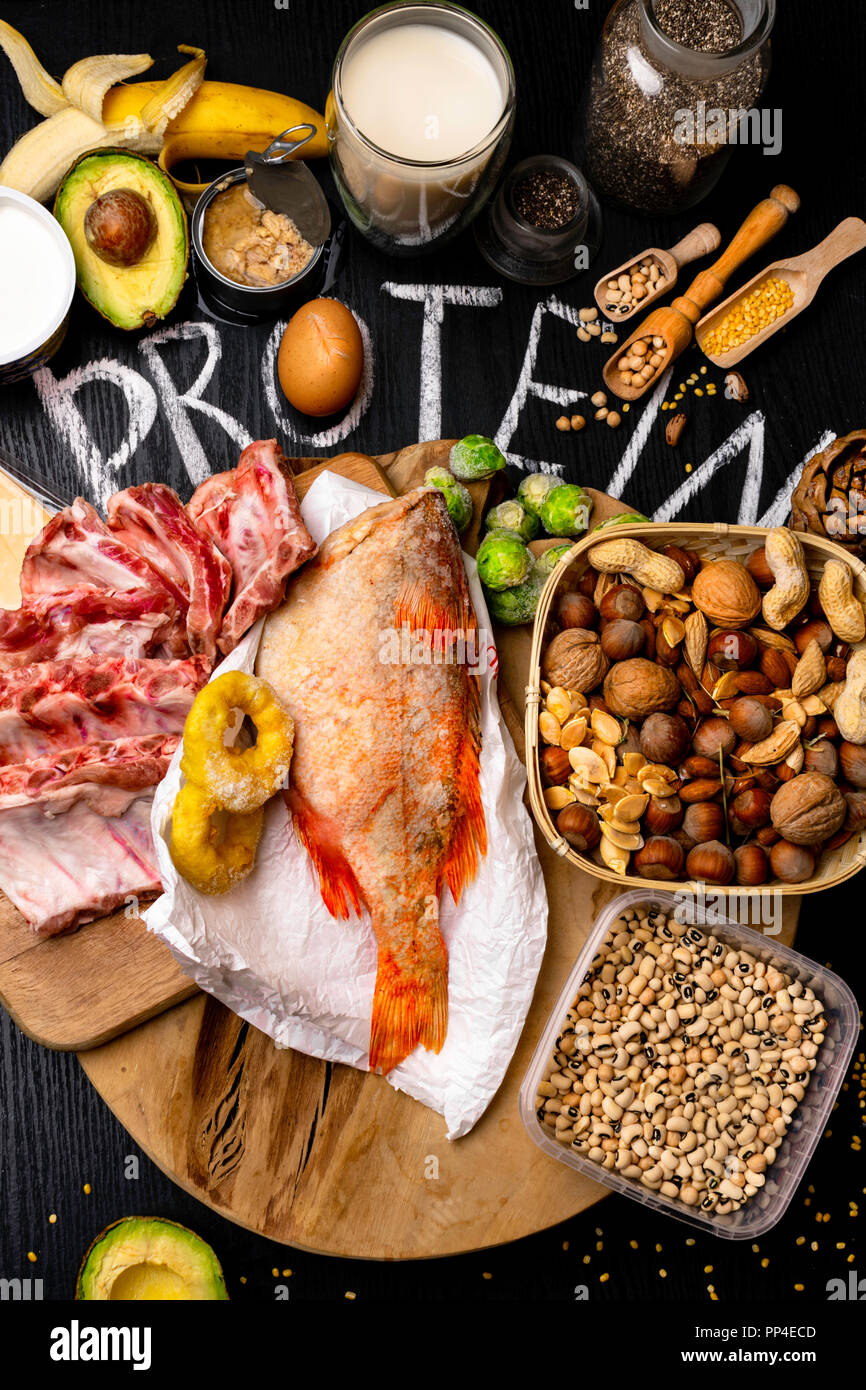 Assortment of healthy protein source and body building food. Meat pork ...