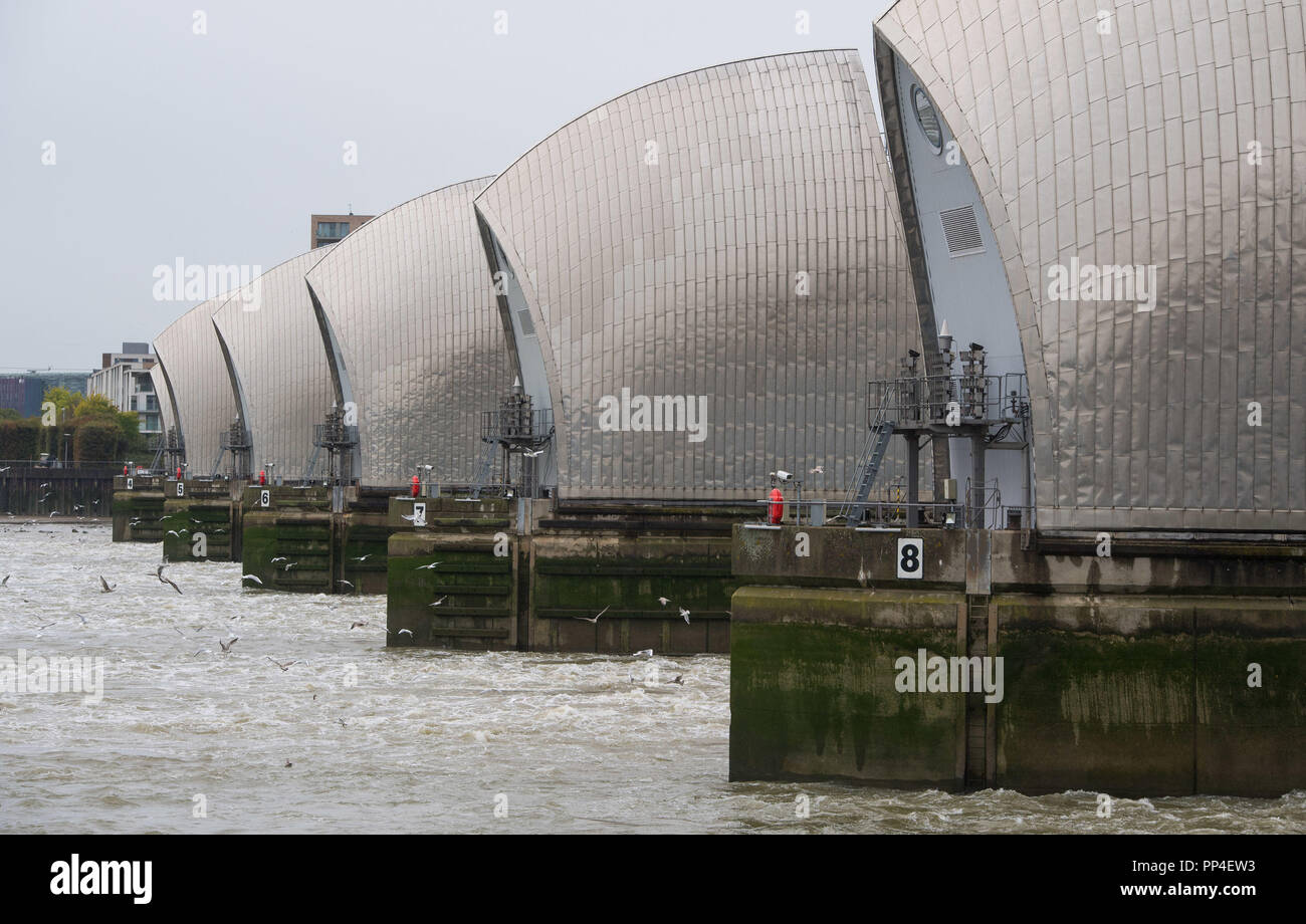 The Thames Barrier in east London is seen fully closed during its ...