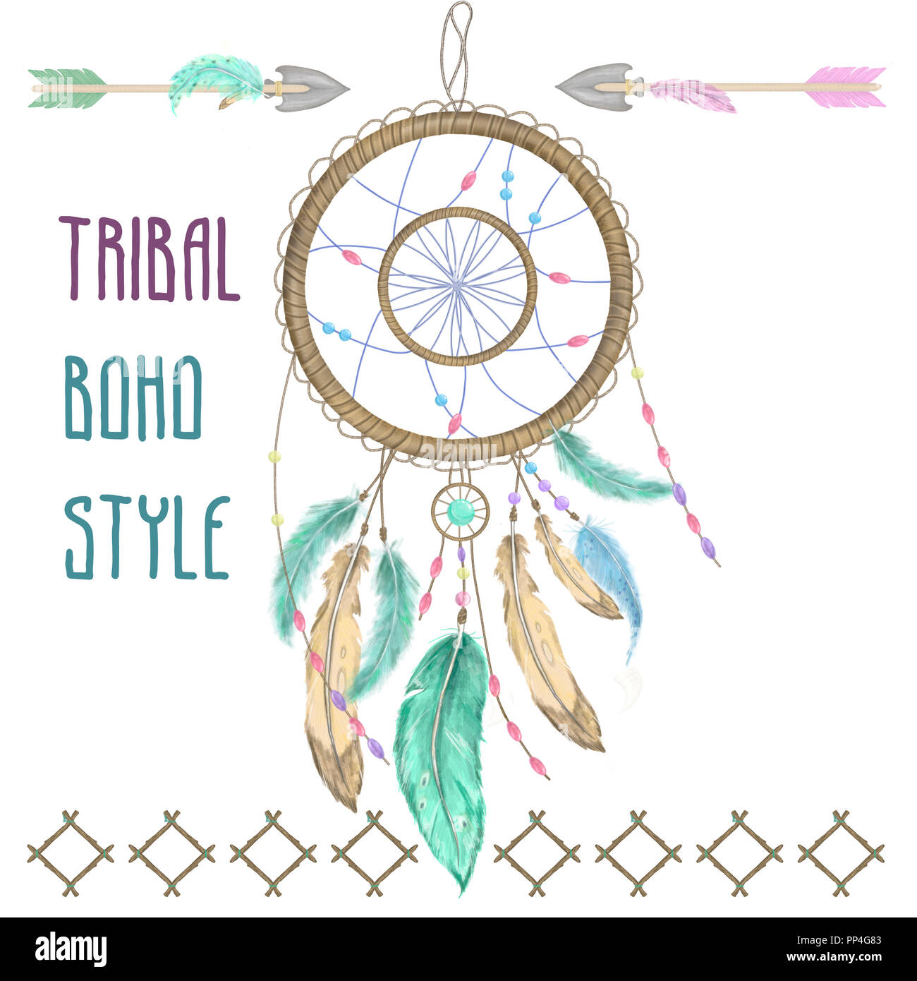 Dream catcher with feathers and ribbon blue red digital art illutration ...