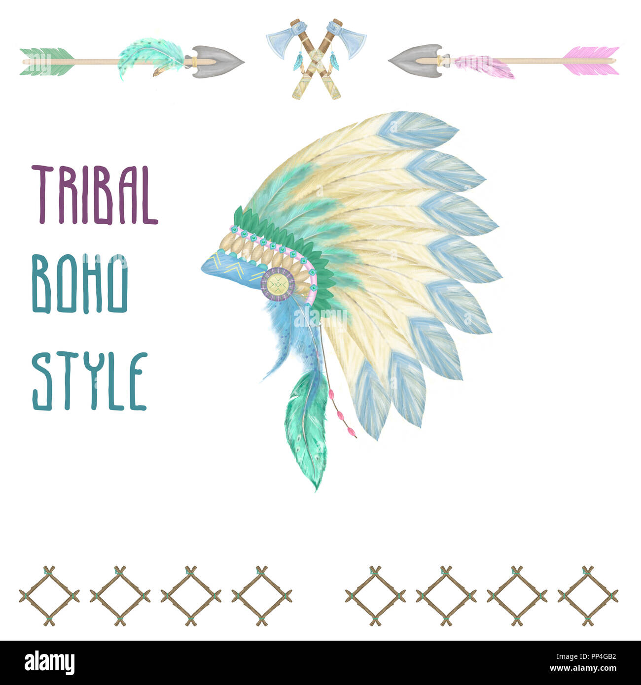 Indian hat with feathers crown of feathers, drawing boho illustration ...