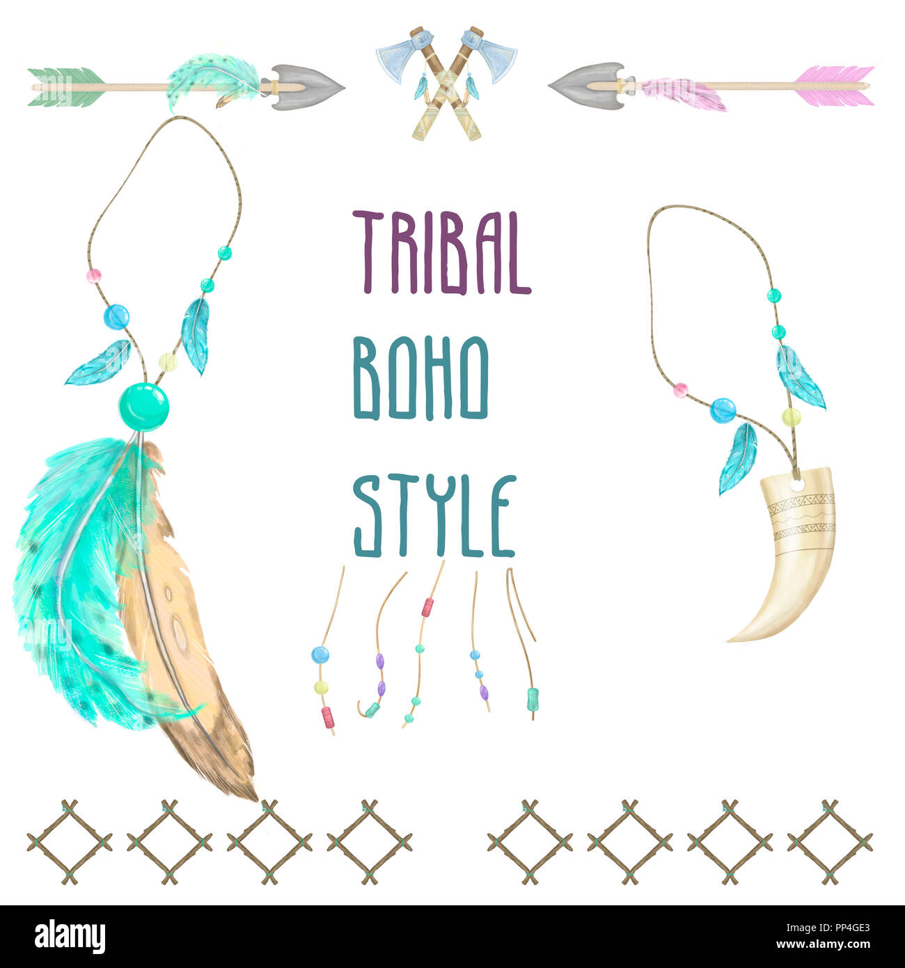 Feathers amulet bone tooth fang digital art tribal boho style ...
