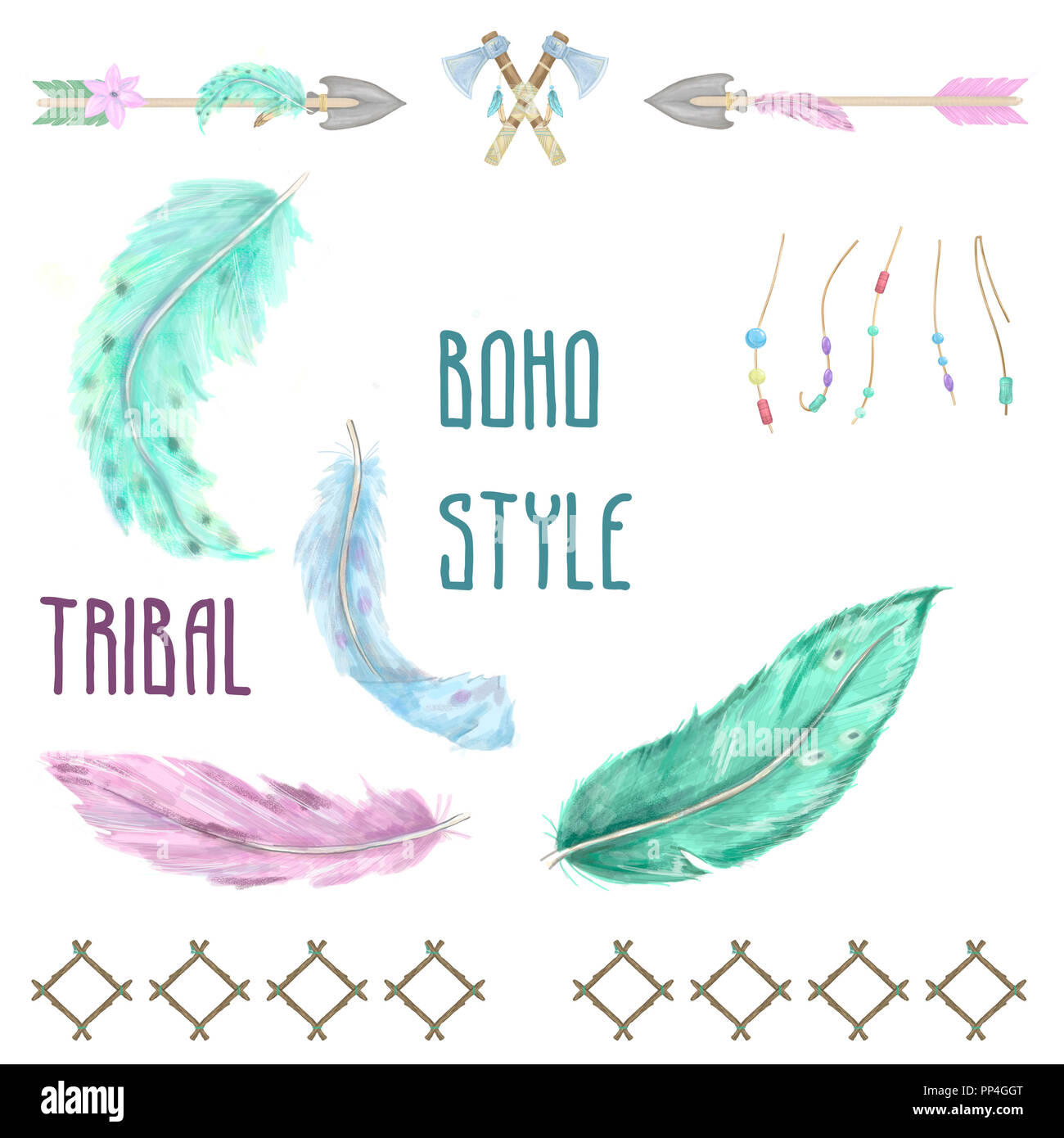 Watercolor feathers boho style clip art Stock Photo - Alamy