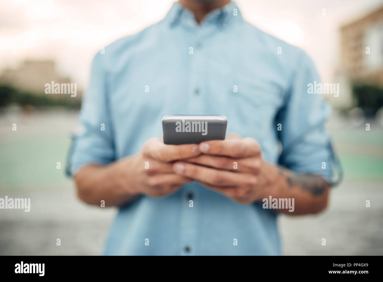Phone addiction, addict male person using gadget, social addicted ...