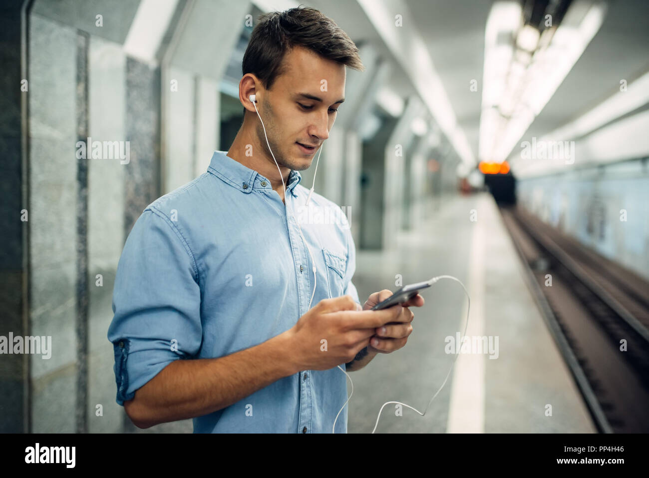Phone addict man using gadget in subway, addiction problem, social ...