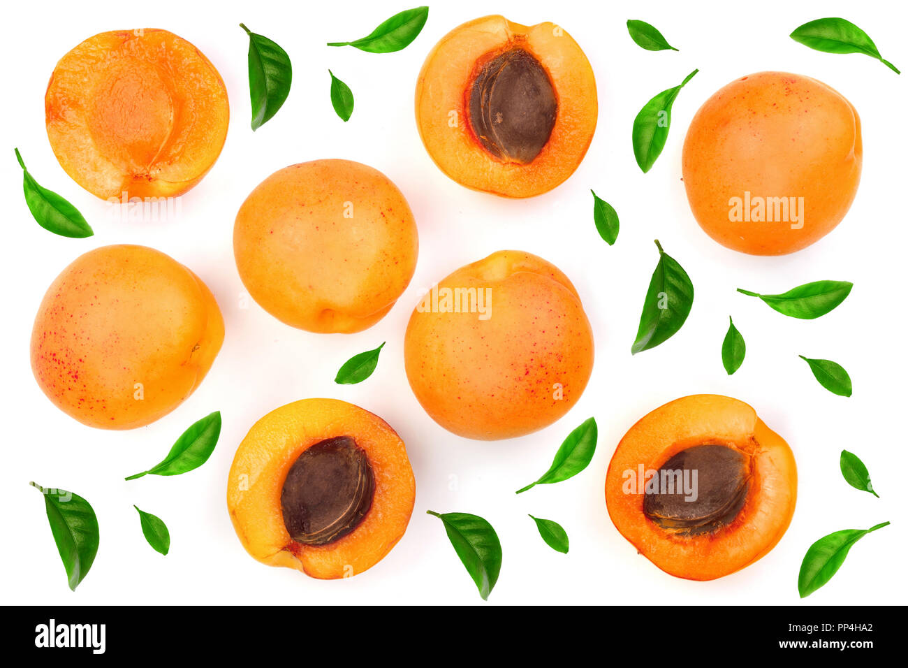 Apricot fruits with leaves isolated on white background. Top view. Flat ...