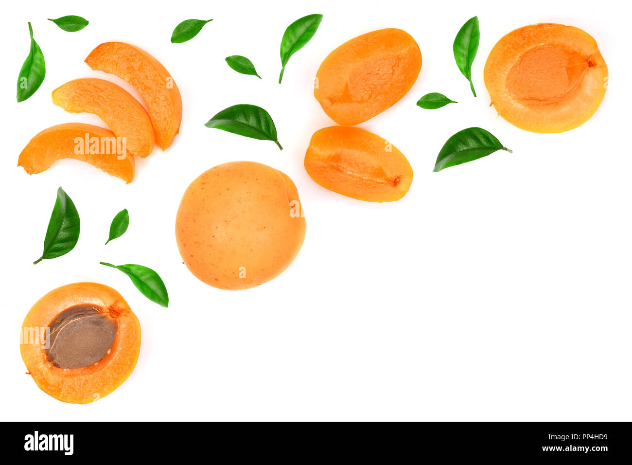 Apricot fruits with leaves isolated on white background with copy space ...