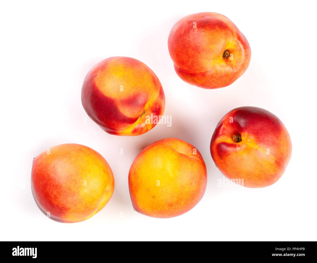ripe nectarine with leaves isolated on white background. Top view. Flat ...