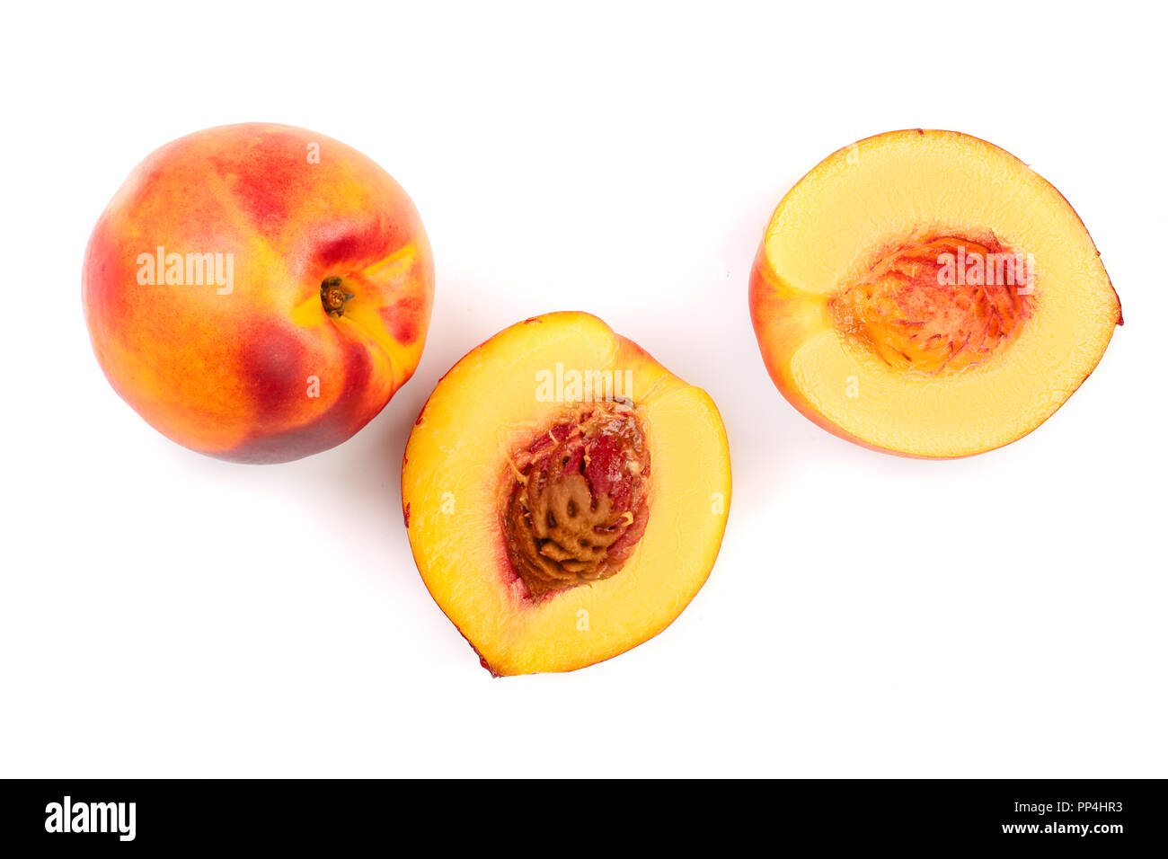 ripe nectarine isolated on white background. Top view. Flat lay pattern ...