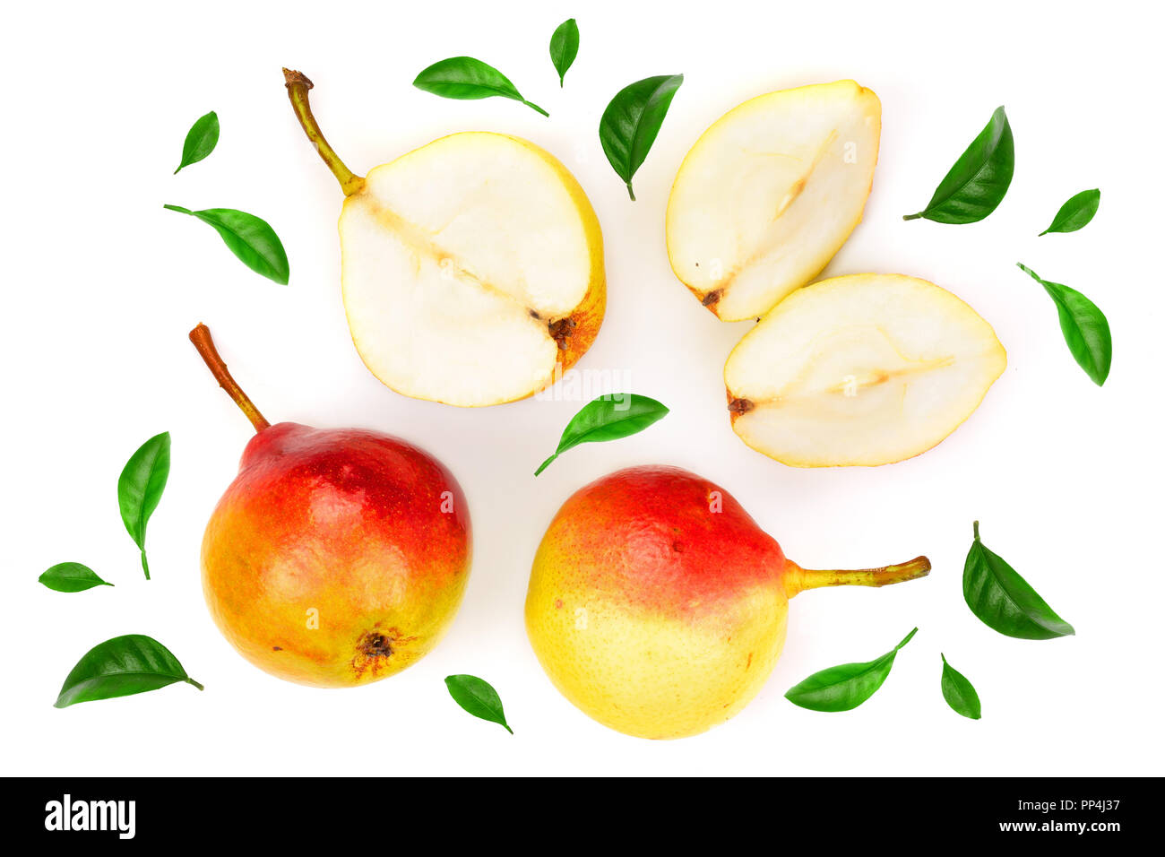ripe red yellow pear fruits isolated on white background. Top view ...