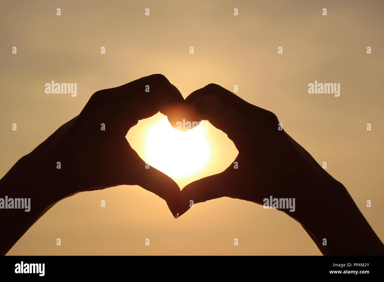 Silhouette of female's hand posing LOVE HEART sign against the shiny ...