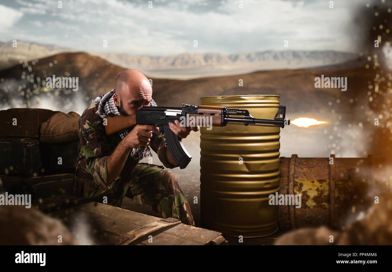 Bearded terrorist sits in ambush and shoots from a rifle, all in ...