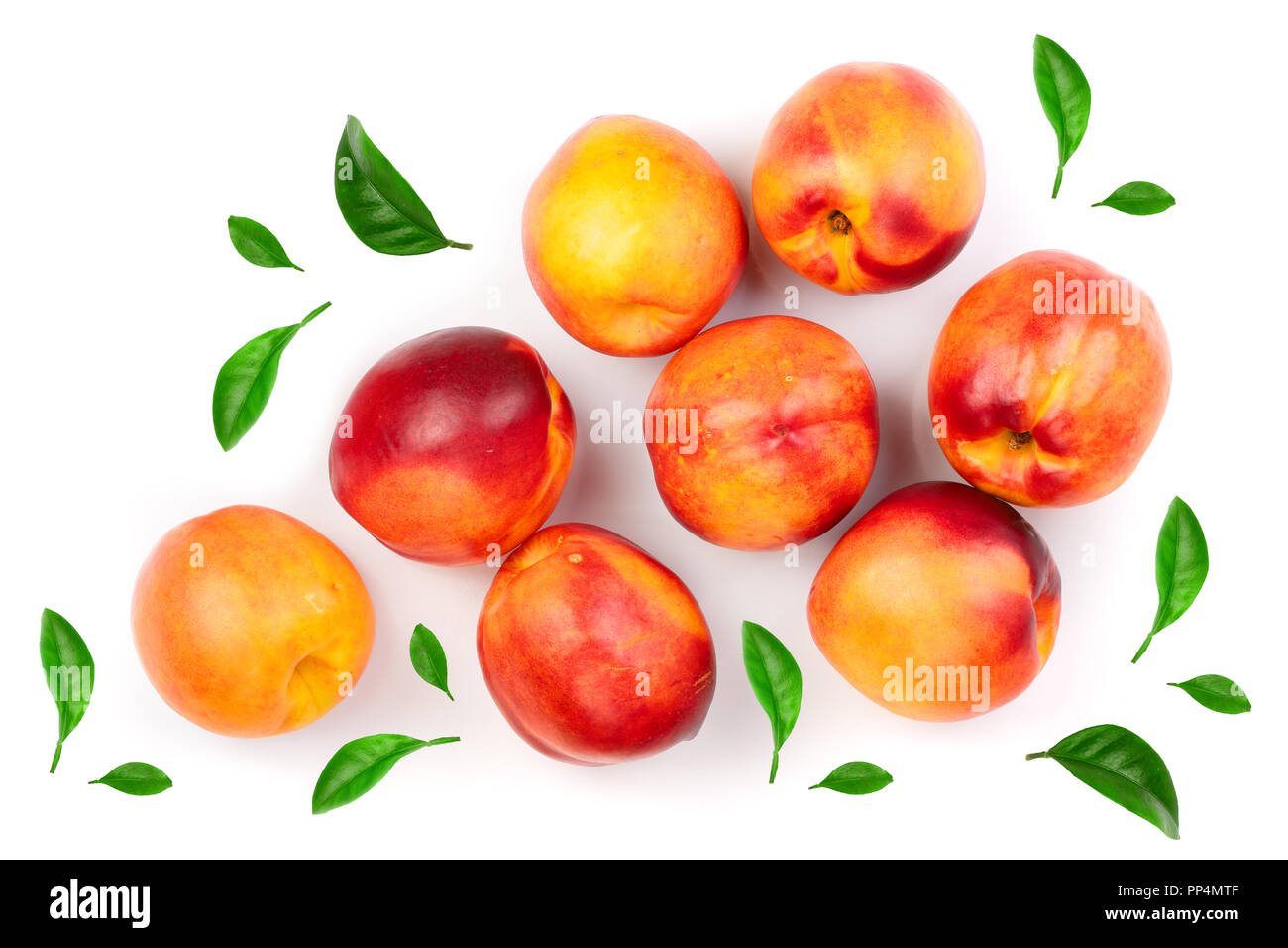 ripe nectarine with leaves isolated on white background. Top view. Flat ...
