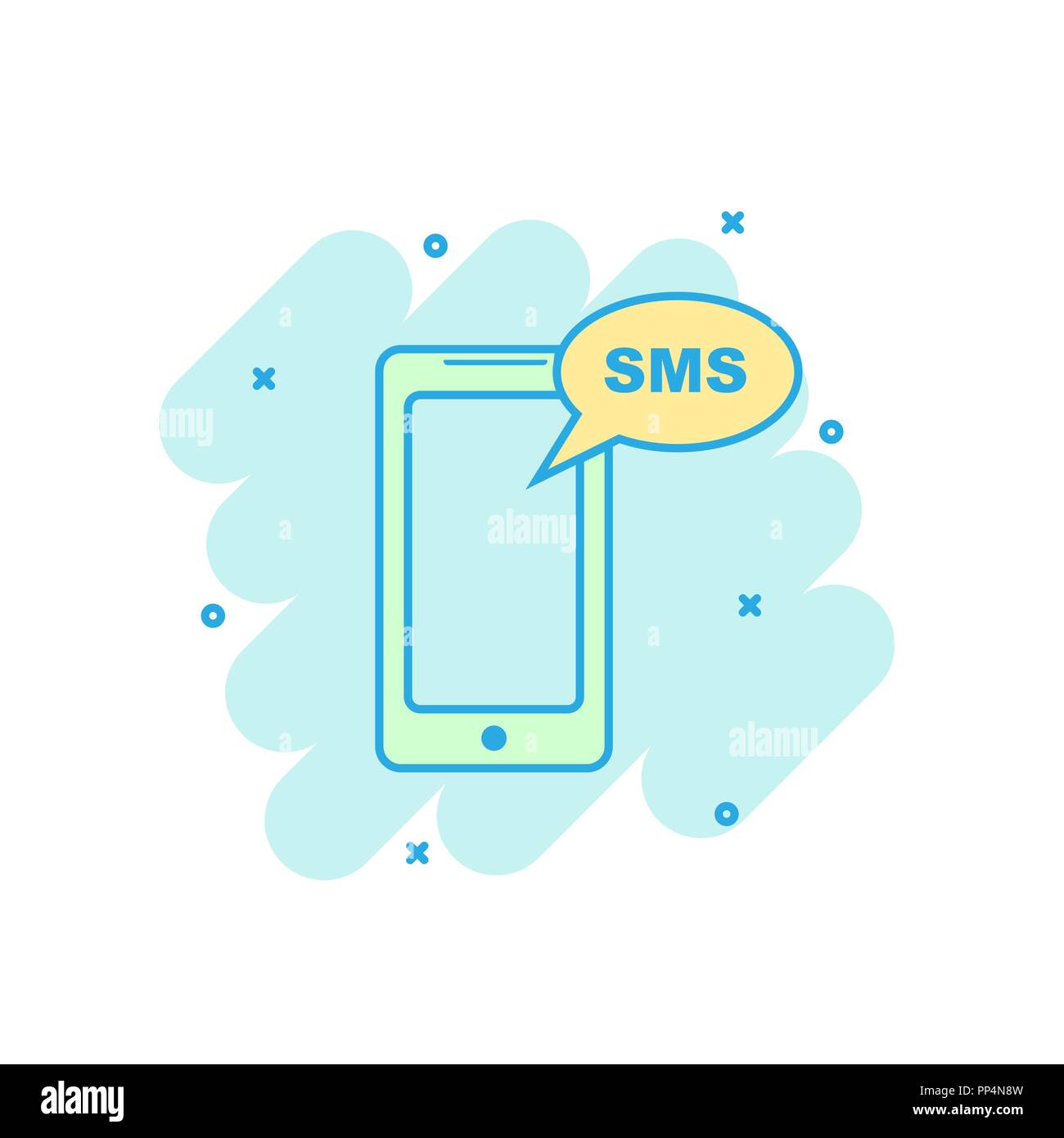 Cartoon colored smartphone with sms icon in comic style. Mobile phone ...