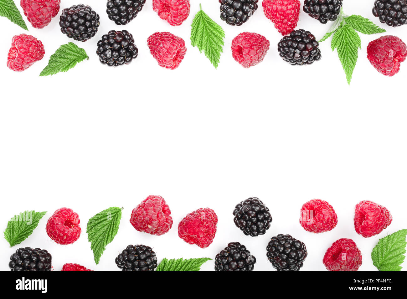 blackberry and raspberry with leaves isolated on white background with ...