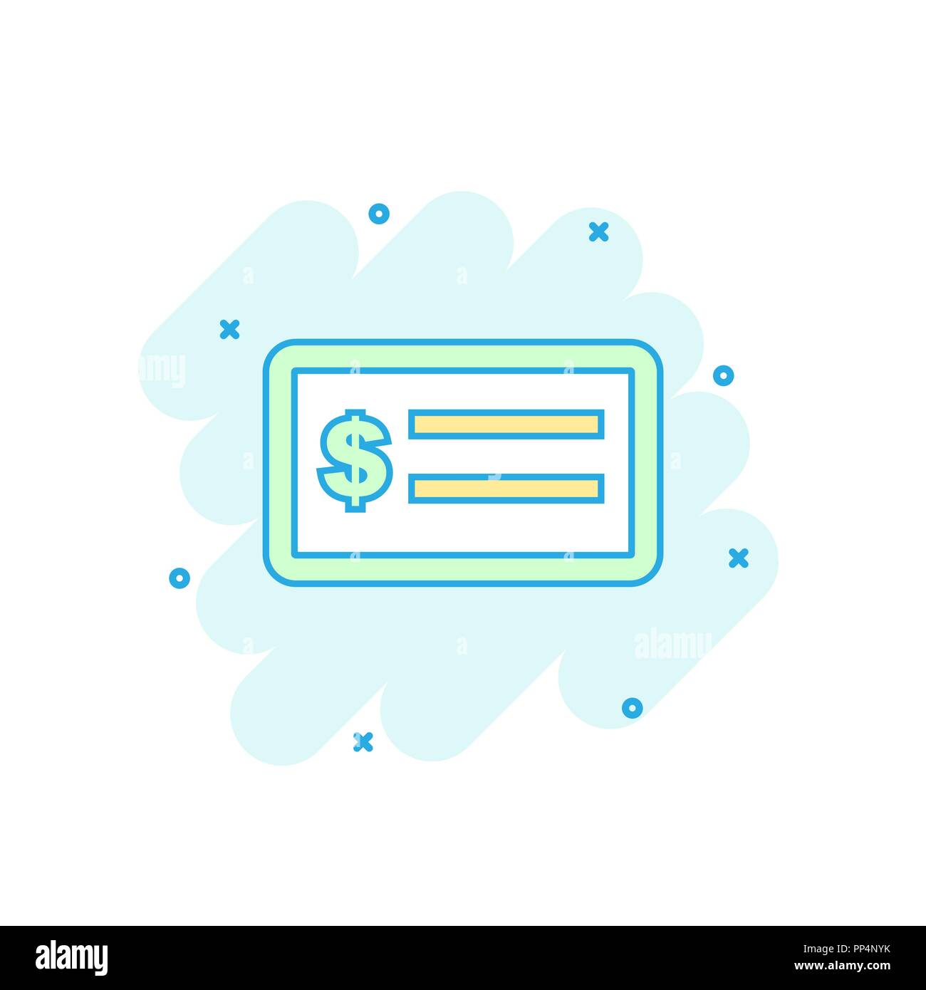 Cartoon colored money check icon in comic style. Bank checkbook sign ...