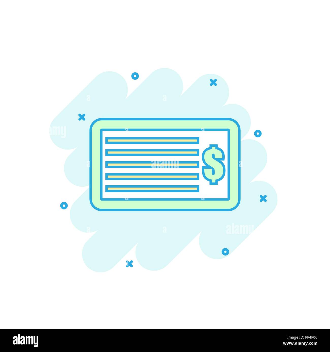 Cartoon colored money check icon in comic style. Bank checkbook sign ...