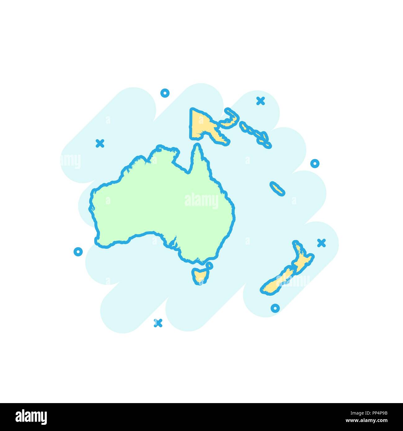 Cartoon colored Australia and Oceania map icon in comic style. Australia and Oceania sign ...