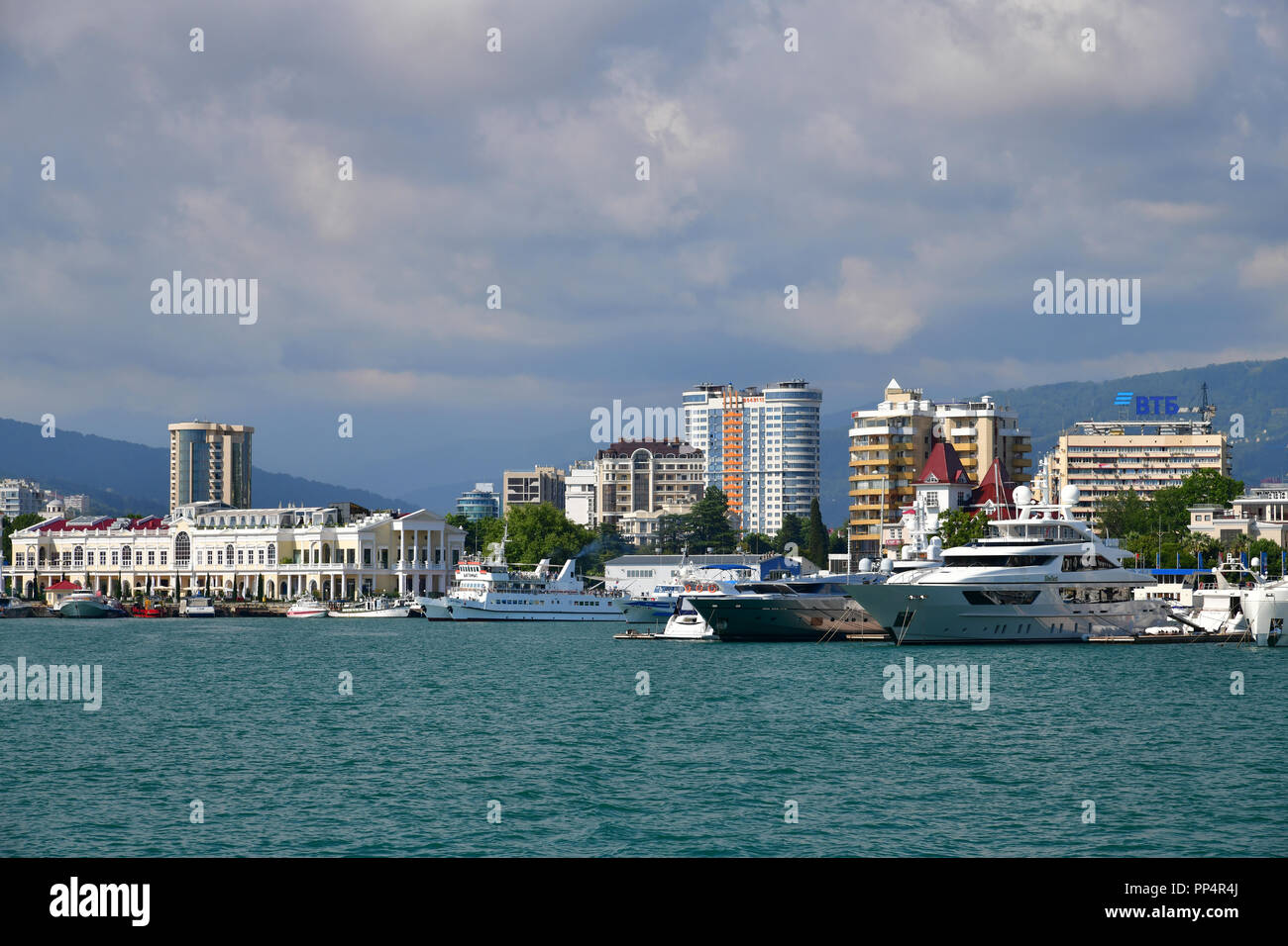 Sochi, Russia - June 22018. View from the sea to the seaport building ...