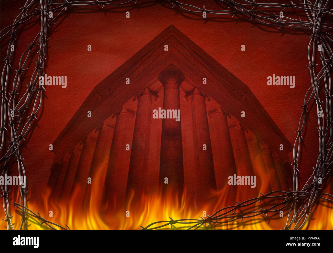 Ancient Greek temple burns in barbed wire frame Stock Photo - Alamy