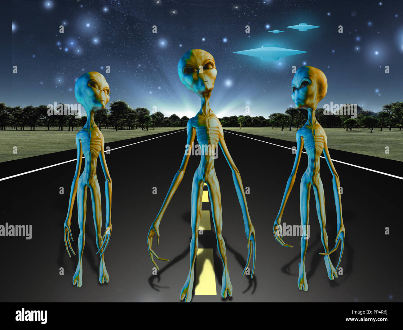 Aliens on country road. Space saucers in the starry sky Stock Photo - Alamy