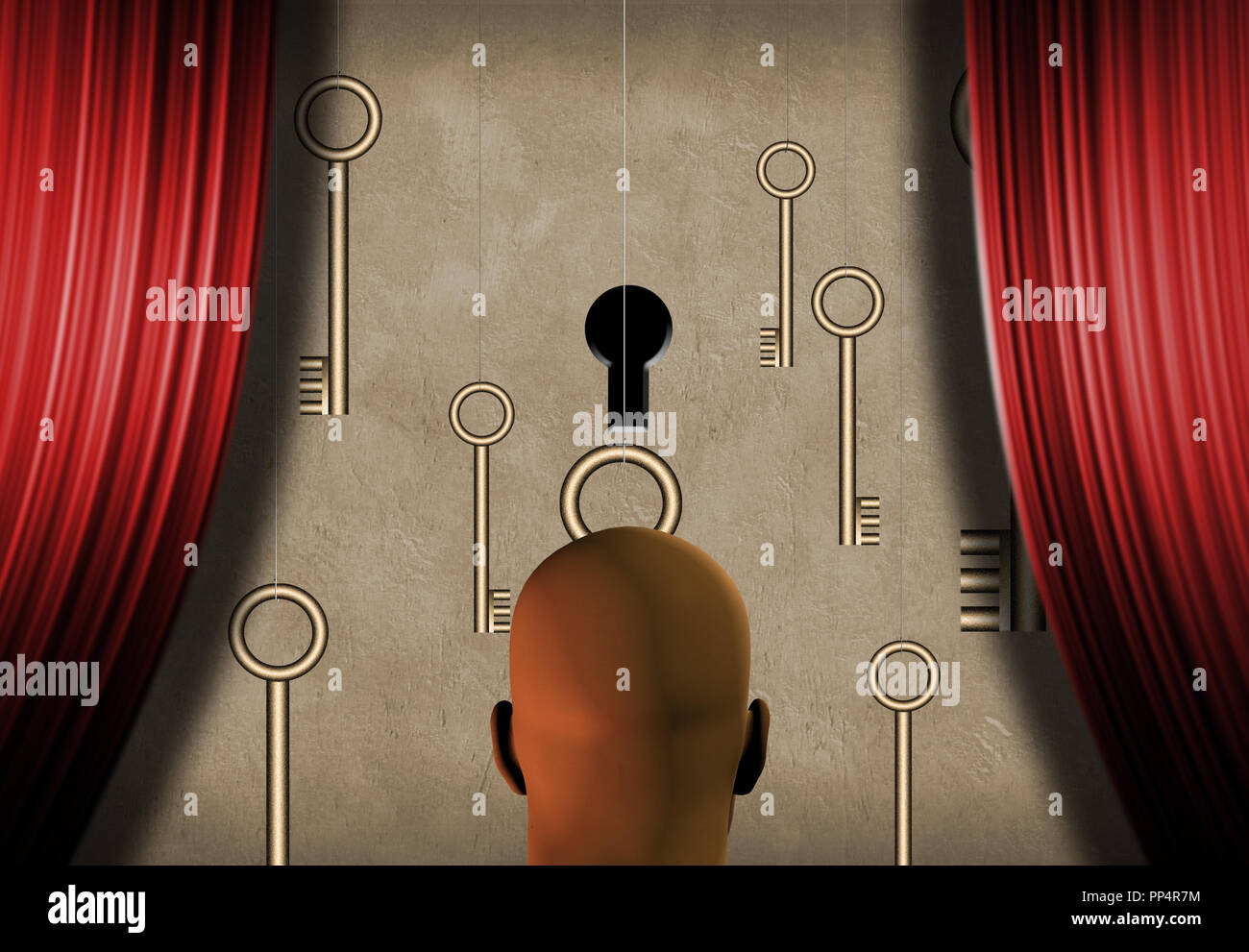 Surrealism. Bald man stands on a stage. Keys and one keyhole symbolizes ...