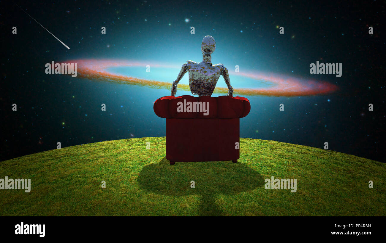 Surreal composition. Rusted alien sits in red armchair and observer ...