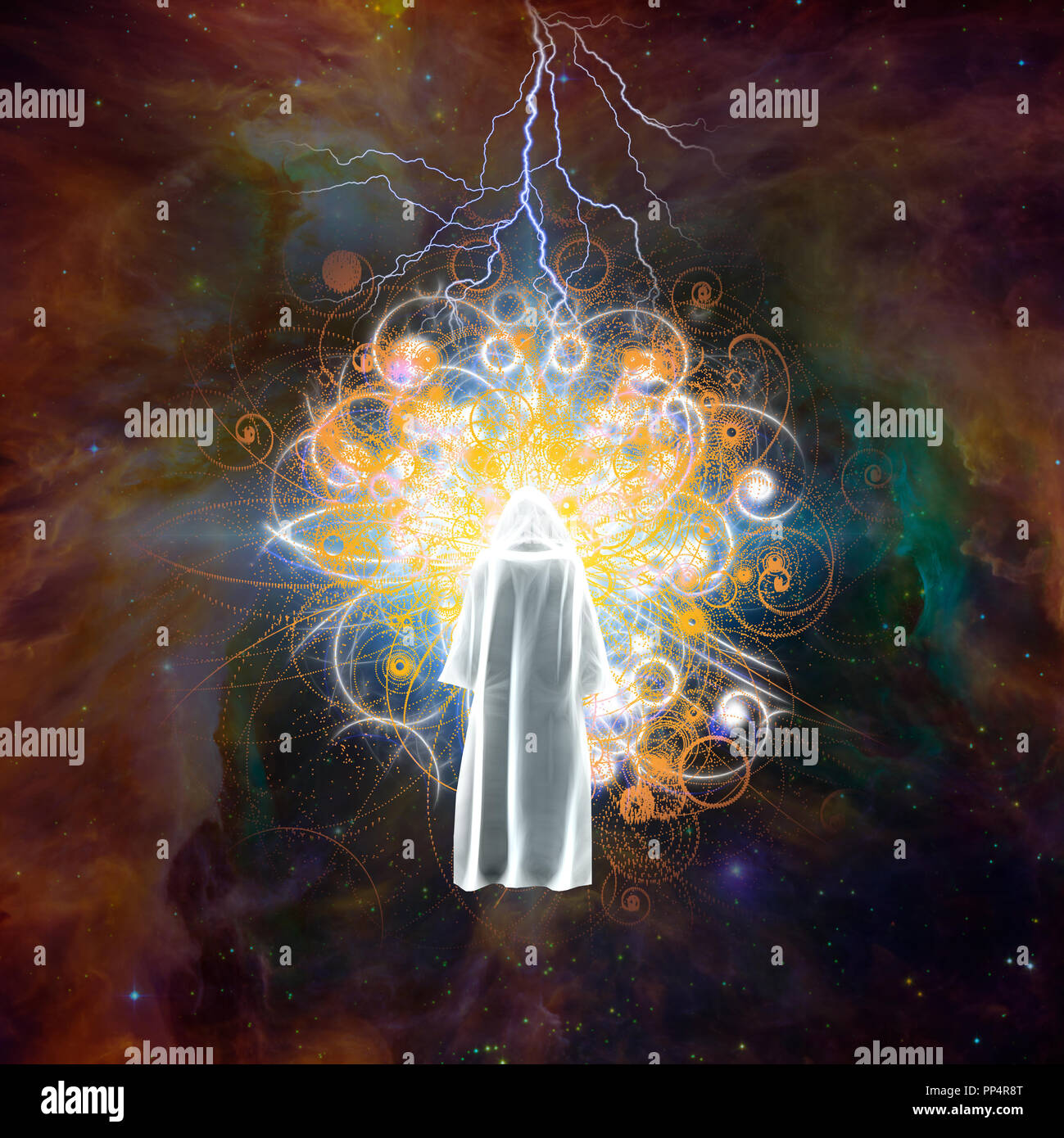 Surreal digital art. Figure in white cloak stands before bright light ...