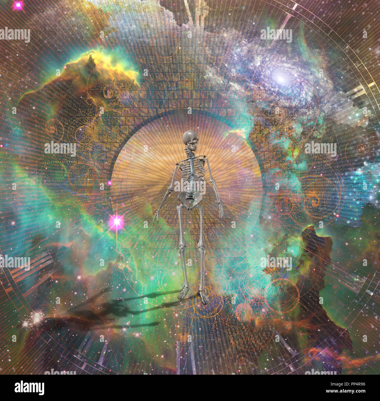 Surrealism. Man walks on a stone road in vivid eternal universe ...