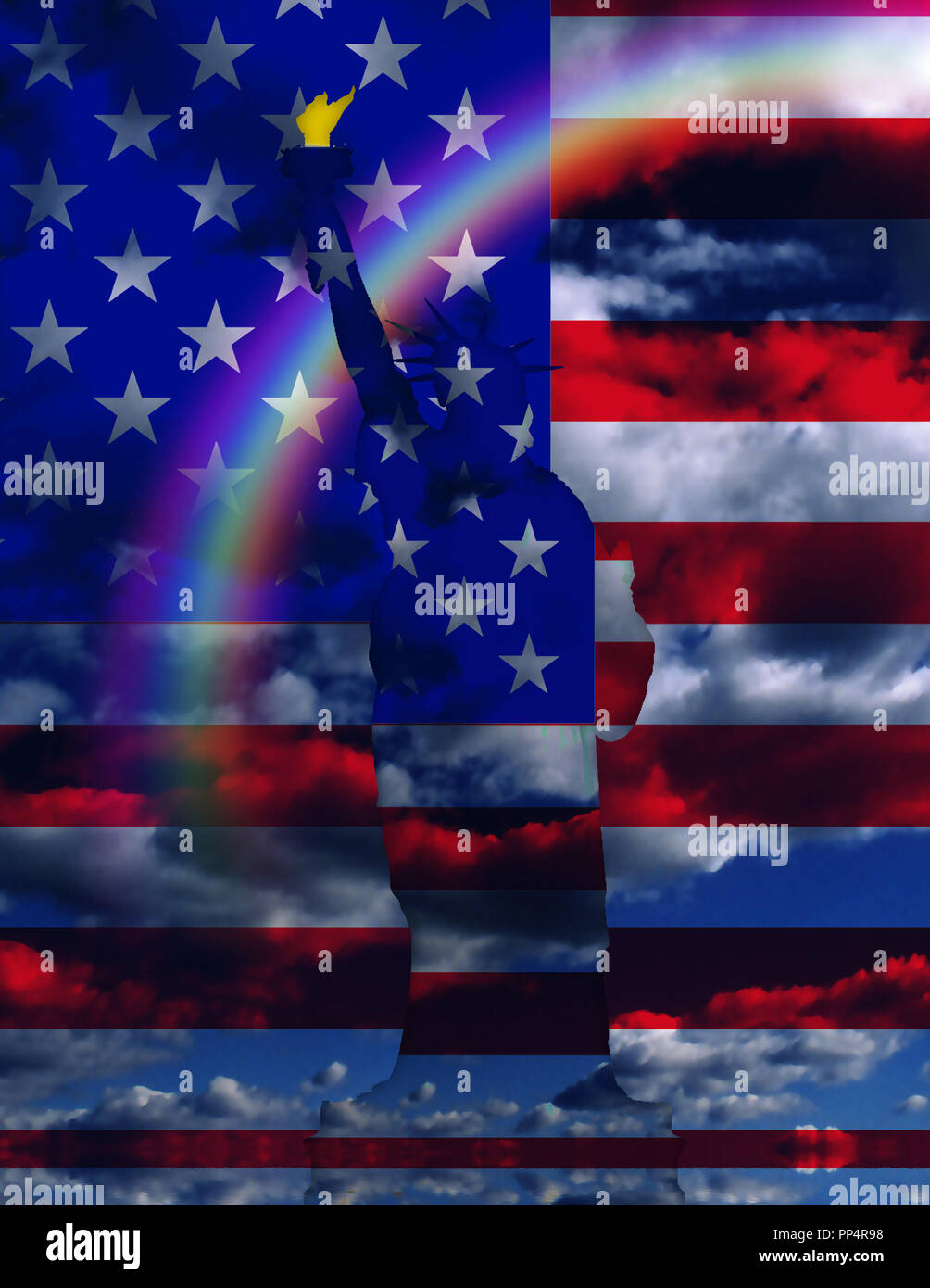 Surreal digital art. USA Flag over clouds and rainbow. Liberty Statue ...
