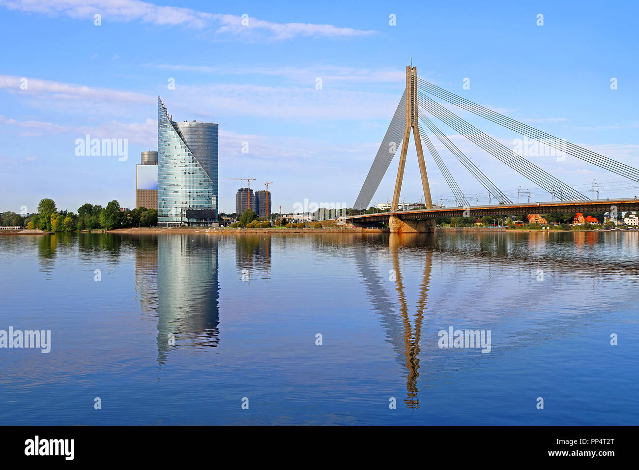 Skyline view of left bank, Kipsala island, and Vansu bridge, Riga ...