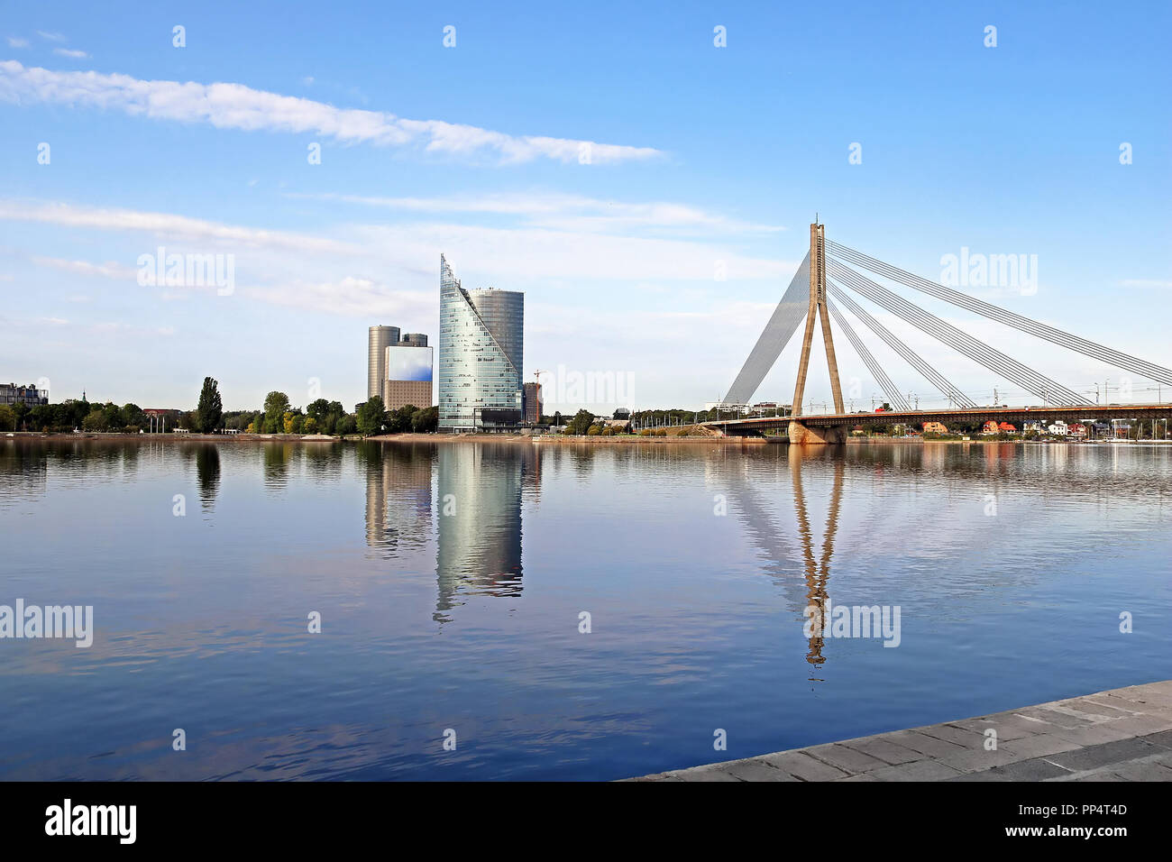 Skyline view of left bank, Kipsala island, and Vansu bridge, Riga ...