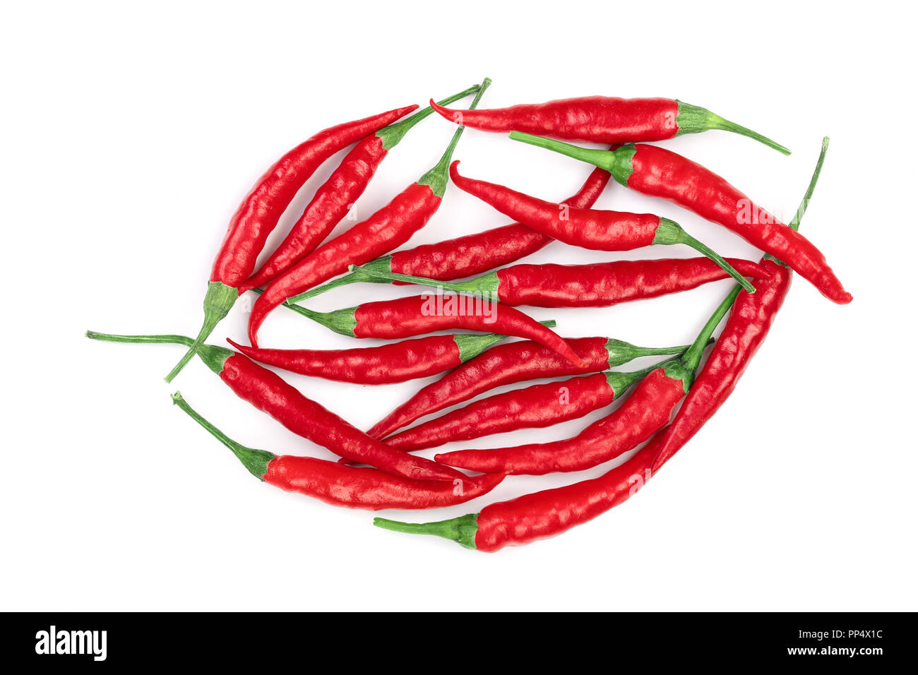 red hot chili peppers isolated on white background. Top view. Flat lay ...