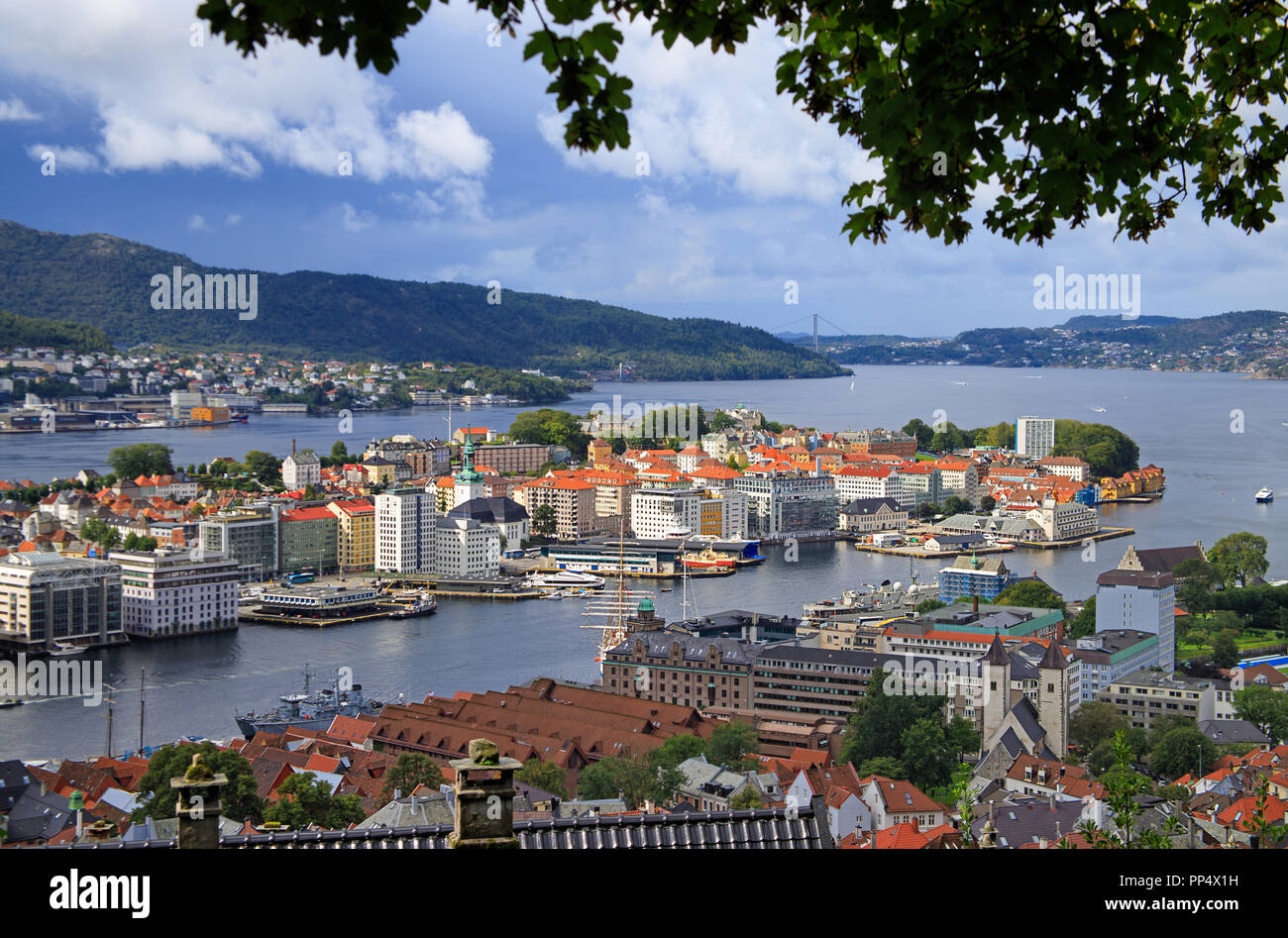 View of Bergen. Sunny day, skyline, clouds, fjord, mountains, cityscape ...