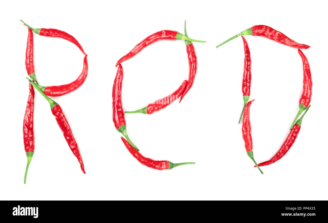 Word red written from hot pepper letters isolated on white background ...