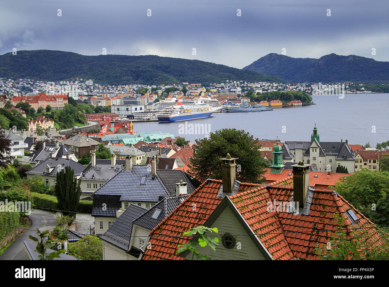 View of Bergen. Skyline, clouds, fjord, mountains, cityscape, bay ...