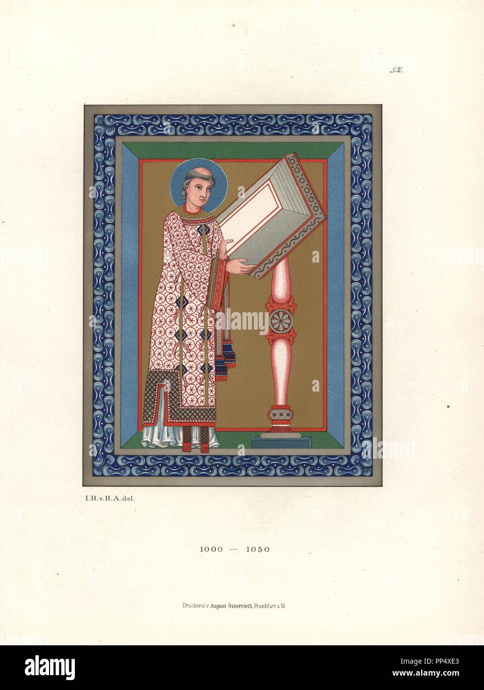 Priest reading a book at a stand from an illuminated parchment gospel ...