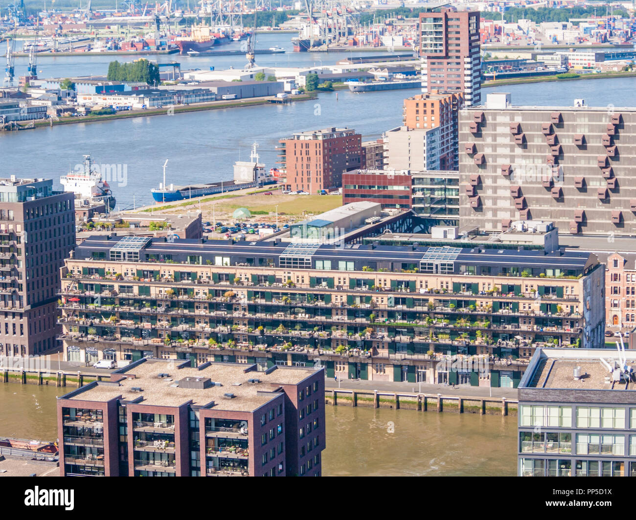 panoramic view of a part of Rotterdam with its canals and the ...