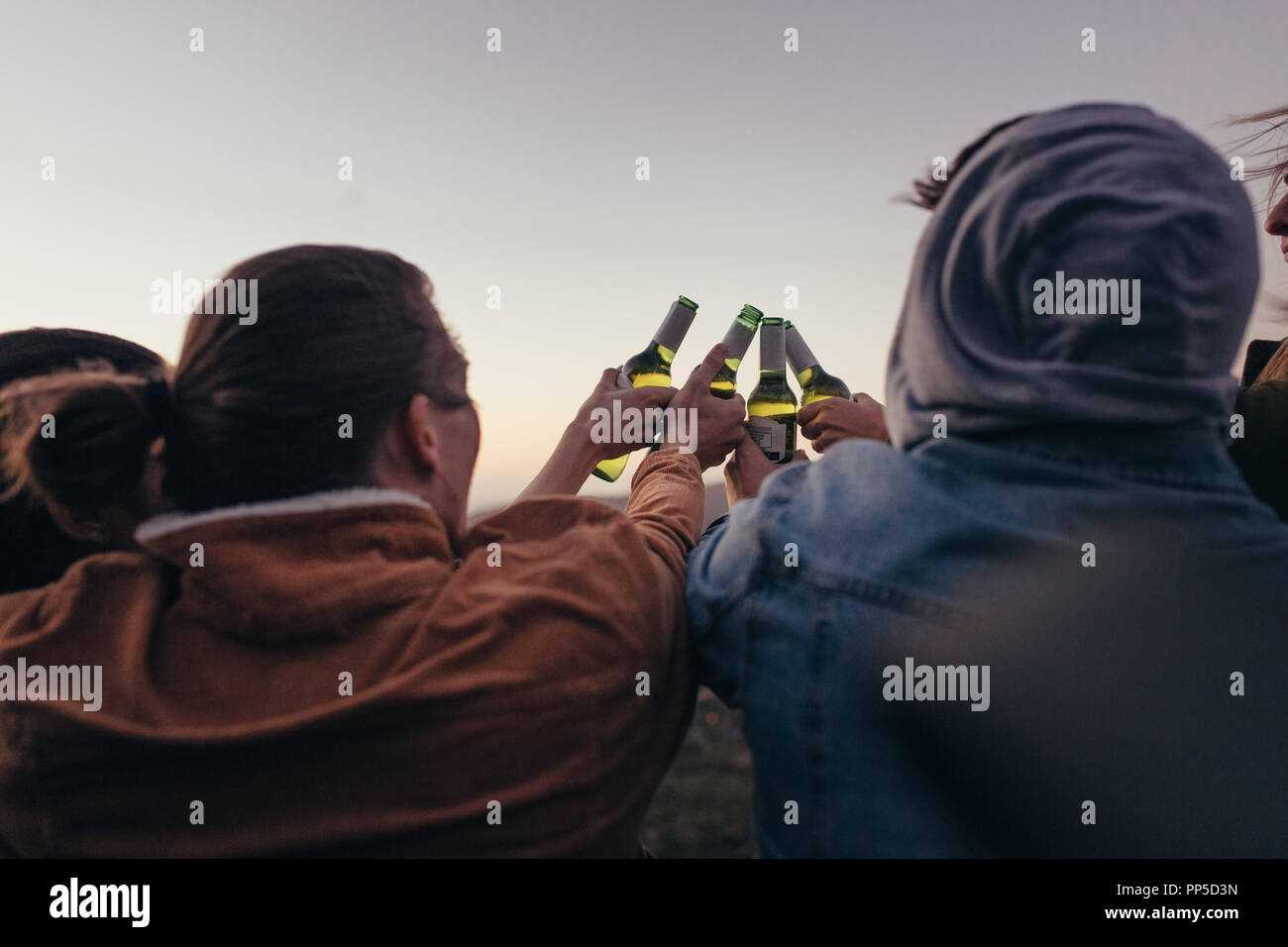 Rear view of friends standing on a hilltop toasting bottles of beer ...