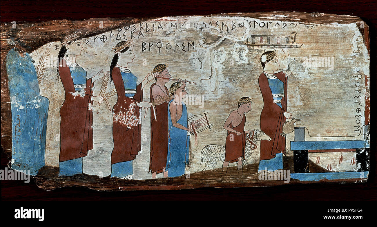 Greek art. Fresque representing the sacrifice of an animal. 6th century ...